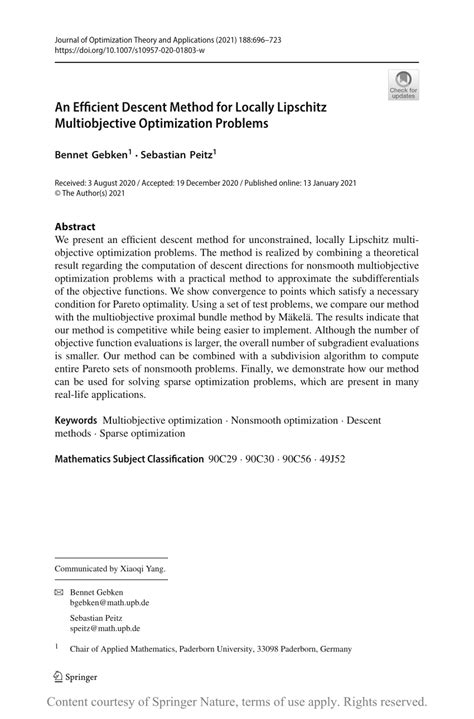 pdf an efficient descent method for locally lipschitz multiobjective optimization problems