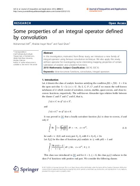 pdf some properties of an integral operator defined by convolution mohsan raza