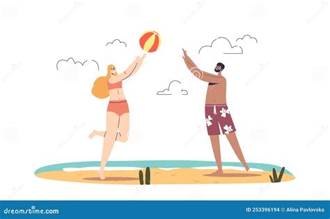 Young Couple Play Beach Volleyball Man And Woman Enjoy Active Summer Game At Sea Resort Stock