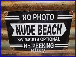 Vintage Nude Beach Porcelain Sign Old No Photos Swimsuit Optional Ocean