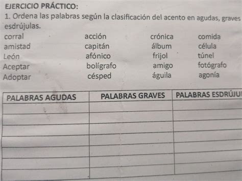 EJERCICIO PRÁCTICO 1 Ordena las palabras según la clasificación del