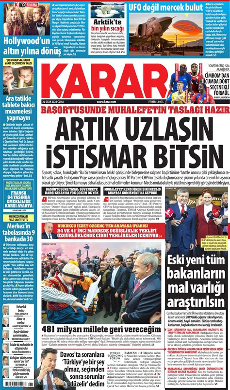 Karar Gazetesi 20 Ocak 2023 Cuma Günü Manşeti