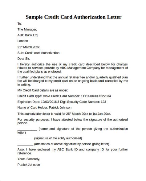 9 Sample Credit Card Authorization Letter Free Examples Format