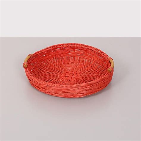 Kulplu Kırmızı Rattan Tepsi Tasarım Kahve Çay Sunum Tepsisi Dekoratif