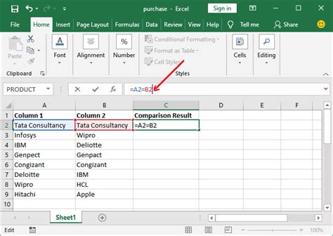 how to compare two columns in excel javatpoint