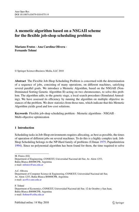 pdf a memetic algorithm based on a nsgaii scheme for the flexible job shop scheduling problem