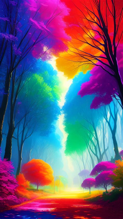 A Painting Of Colorful Trees And Water In The Forest With Bright Colors