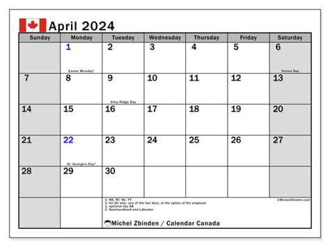 Kalender April 2024 Canada EN Michel Zbinden NL