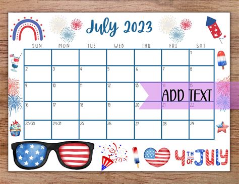 EDITABLE Printable July Calendar 2023 Cute 4th Of July Etsy New Zealand