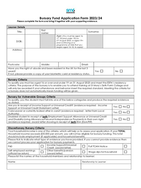 Fillable Online Bursary Application Form 16 18 Fax Email Print