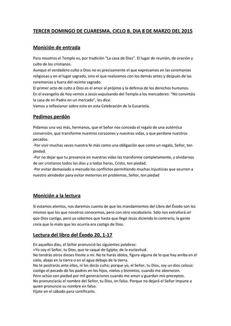 GUIÓN SIN CANCIONES DE LA EUCARISTÍA DEL DOMINGO TERCERO DE CUARESMA