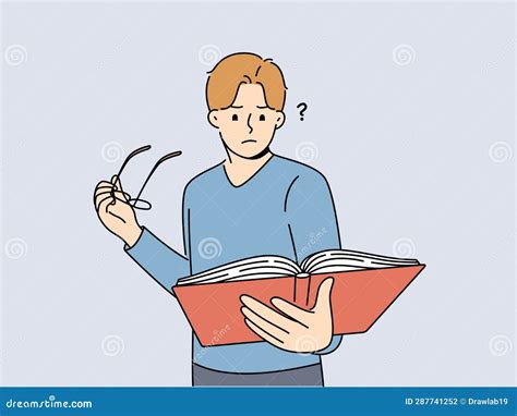 Man With Book Takes Off Glasses Getting Upset Because Of Deterioration Of Vision Stock Vector