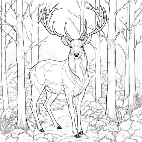 Uma página para colorir de um cervo na floresta árvores generativas
