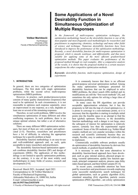 pdf some applications of a novel desirability function in simultaneous optimization of