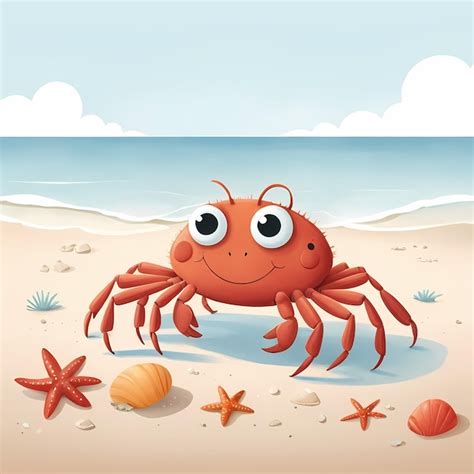 Escena de dibujos animados con cangrejo feliz en la playa ilustración