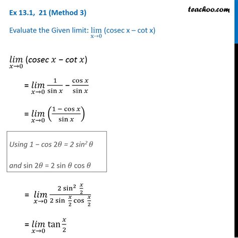 ex 12 1 21 find lim x 0 cosec x cot x teachoo