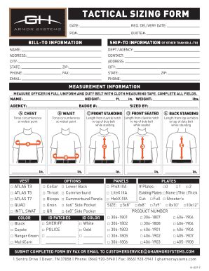Fillable Online GH Armor Systems Tactical Sizing BFormb Rev11 15 Fax