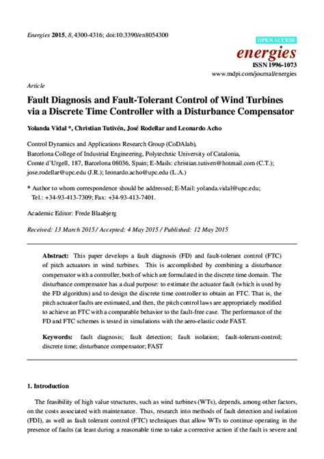 pdf fault diagnosis and fault tolerant control of wind turbines via a discrete time controller