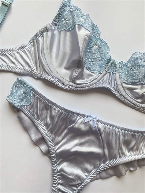 Sky Blue Sissy Satin Lingerie Set Erotic Bra And Panties Etsy