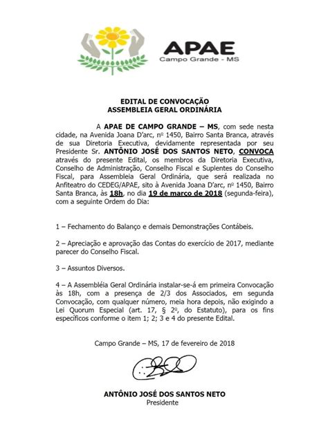 EDITAL DE CONVOCAÇÃO ASSEMBLEIA GERAL ORDINÁRIA APAE de Campo Grande