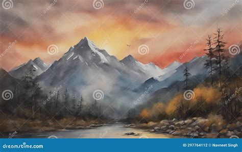 Mountain Sunset Water Colour Oil Painting Stock Illustration