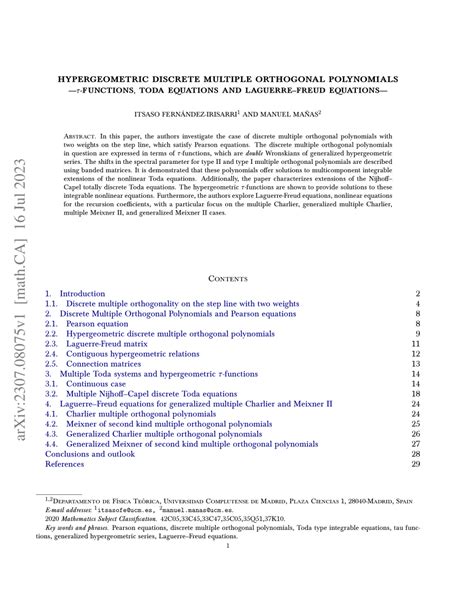 pdf hypergeometric discrete multiple orthogonal polynomials tau functions toda equations