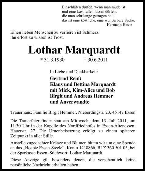 Traueranzeigen Von Lothar Marquardt Trauer In NRW De