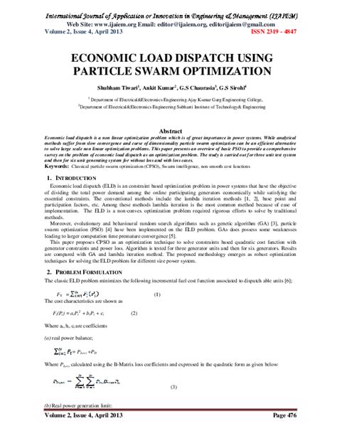 pdf economic load dispatch using particle swarm optimization shubham tiwari