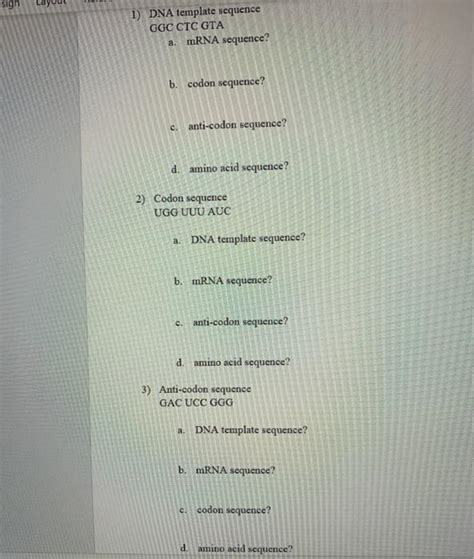 Solved Esign 1 DNA Template Sequence GGC CTC GTA A MRNA Chegg