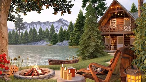 Cozy Mountain Cabin By The Lake Ambience With Campfire Lake Waves And