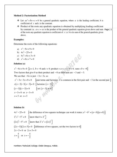 02 quadratic equations factorization method pdf quadratic equation equations