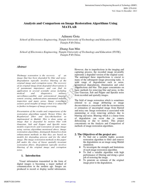 analysis and comparison on image restoration algorithms using matlab ijertv2is120564 pdf