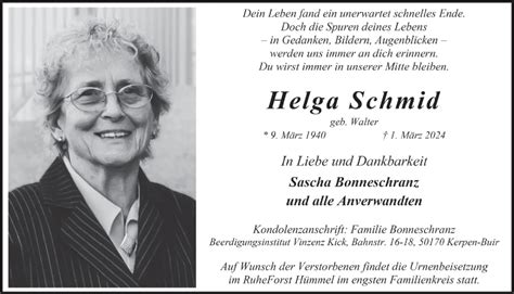 Traueranzeigen Von Helga Schmid WirTrauern