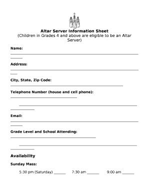 Altar Server Ination Sheet Doc Template Pdffiller