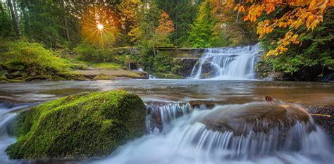Fondos de pantalla Árboles paisaje bosque cascada puesta de sol