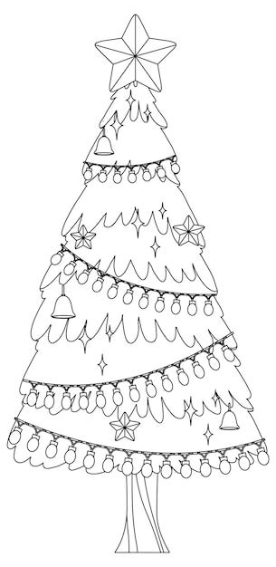 Esquema de garabato de árbol de Navidad para colorear Vector Premium