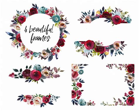 Boho Chick Burgundy Navy Watercolor Floral Frames Clipart Etsy