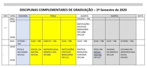 HORÁRIO 2020 1º Semestre Obrigatórias DCGs e Aluno Especial I