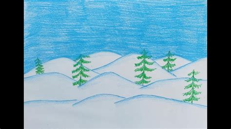How To Draw Scenery Of Winter Season Snowfall Step By Step