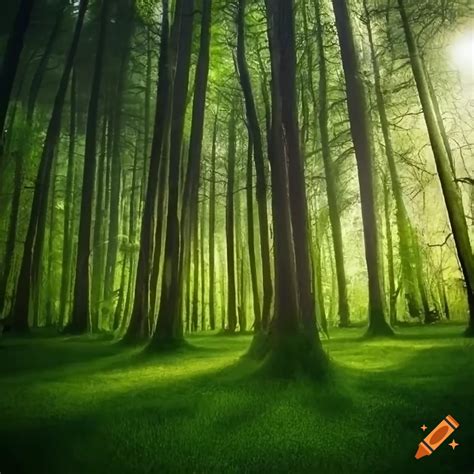 Photograph Of A Bright Forest With Tall Trees On Craiyon
