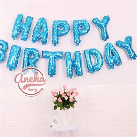 Jual Balon Foil Huruf Set Happy Birthday Biru Motif Bintang Paket