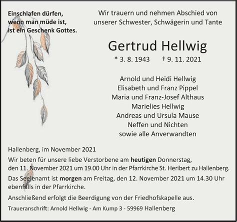 Traueranzeigen Von Gertrud Hellwig Trauer In NRW De