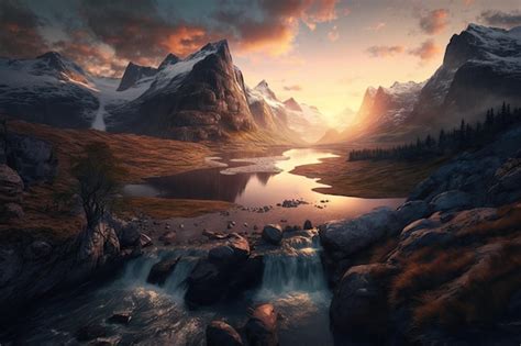Premium AI Image Fantasy Art Of Mountain Valley With Lake Perfect