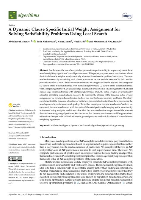 pdf a dynamic clause specific initial weight assignment for solving satisfiability problems