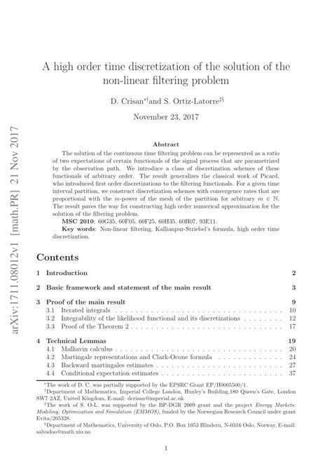 pdf a high order time discretization of the solution of the non linear filtering problem