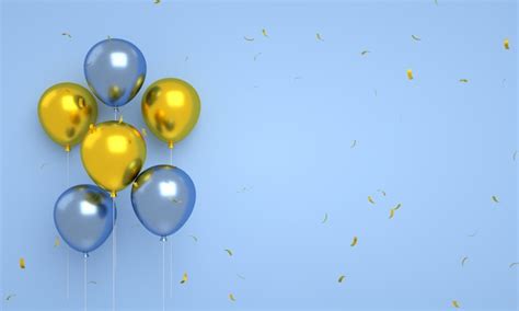 Globos Dorados Y Azules Flotando Con Confeti Aislado Para Feliz