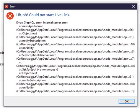 Live Links Error GraphQL Error Internal Server Error At New