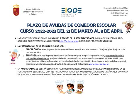AYUDAS COMEDOR ESCOLAR CURSO 2022 2023 Colegio El Ope