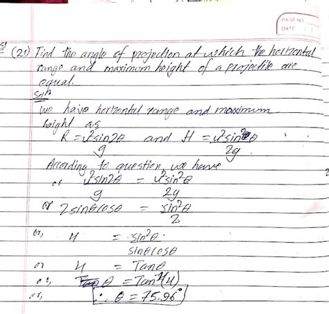 find the angle of projection at which the horizontal angle and maximum height of a projectile