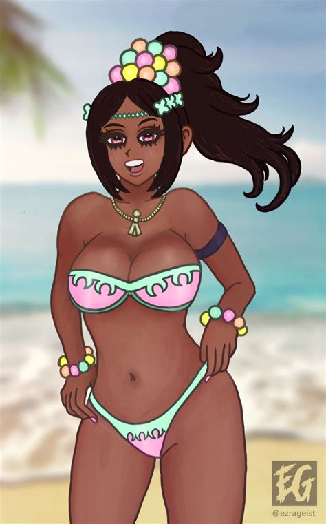 Rule 34 1girls Alternate Costume Bare Shoulders Beach Bikini Breasts Brown Hair Cleavage Dark